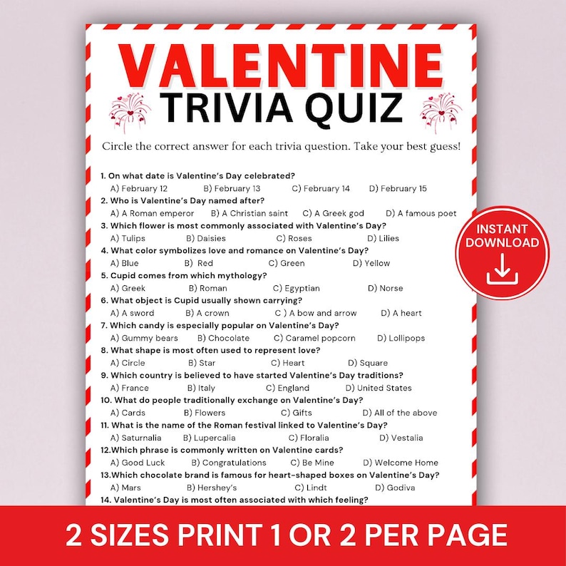 Valentine’s Day Trivia Game, Valentine Party Game, Love Trivia Quiz ...