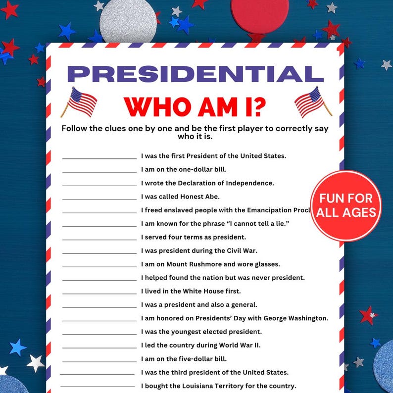 Presidential Who Am I Game, Printable Presidents Trivia Activity, U.S ...