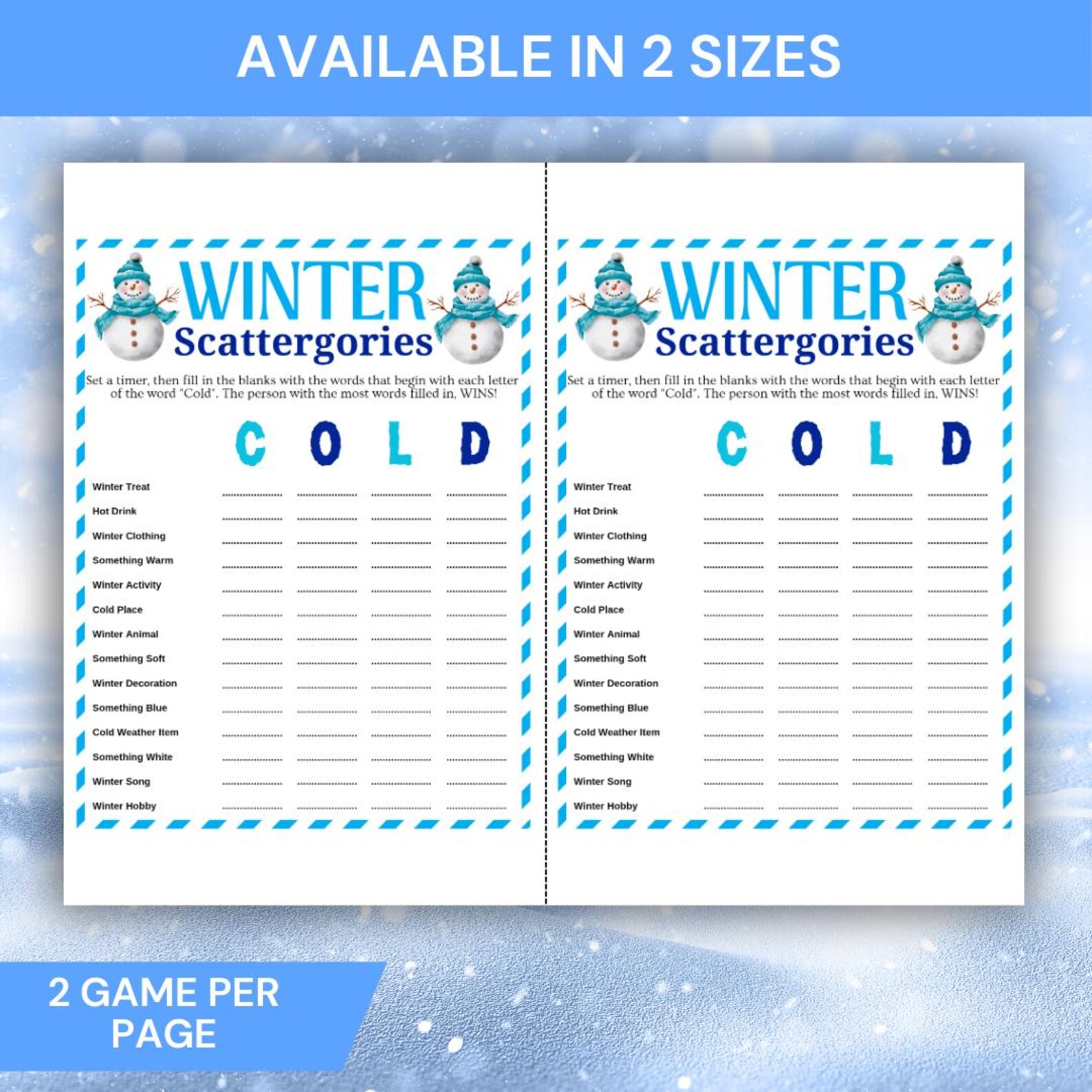 Winter Scattergories Game, Winter Party Game, Think Fast Word Game ...