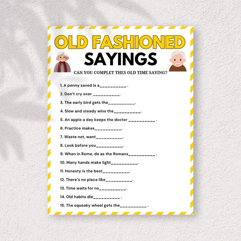 Old Fashioned Sayings Game, Senior Word Match, Printable Elderly Game ...