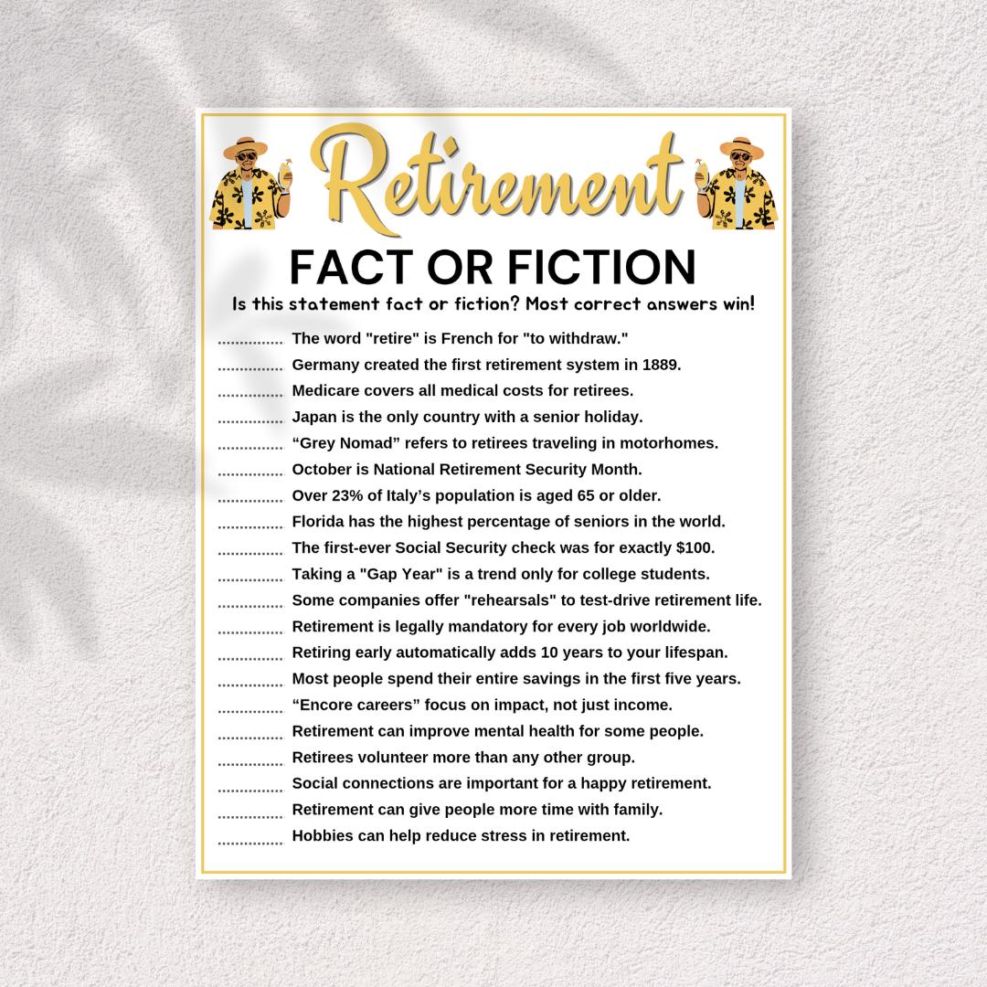 Retirement Fact or Fiction Game Printable, Retirement Party Game, True ...