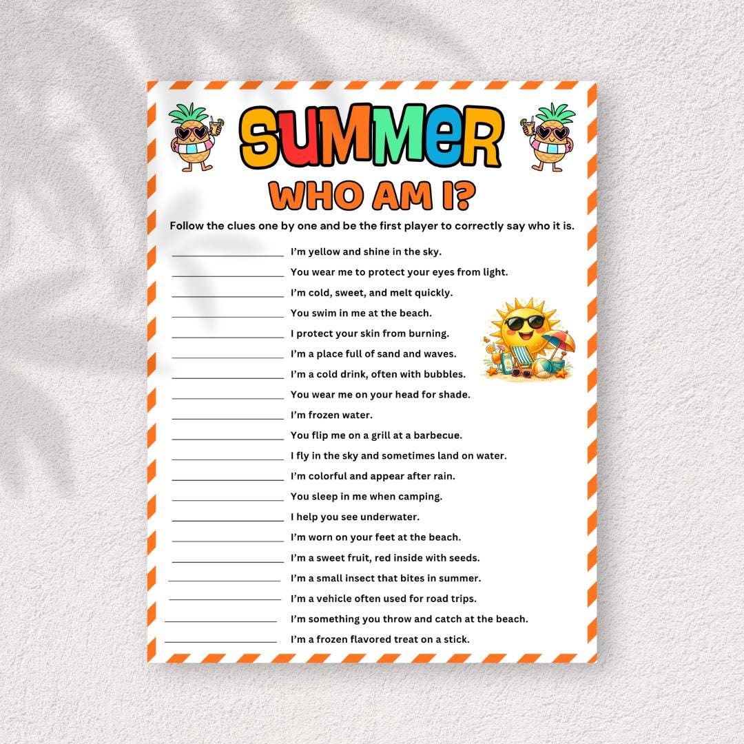 Summer Who Am I Game, Printable Summer Guessing Game, Summer Party Game ...