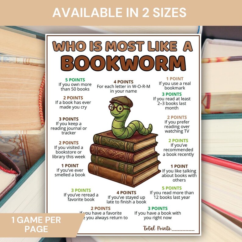 Who is Most Like a Bookworm Game, Book Club Party Game, Bookish Game ...