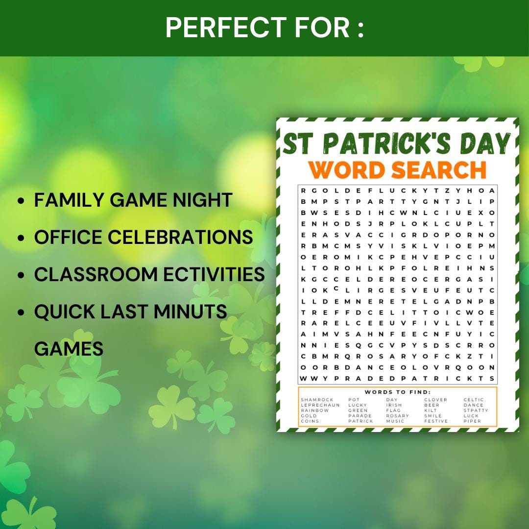St. Patrick’s Day Word Search Game, Printable Irish Puzzle Activity ...