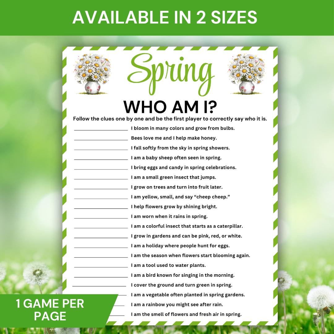 Spring Who Am I Game Printable, Spring Party Guessing Game, Spring ...