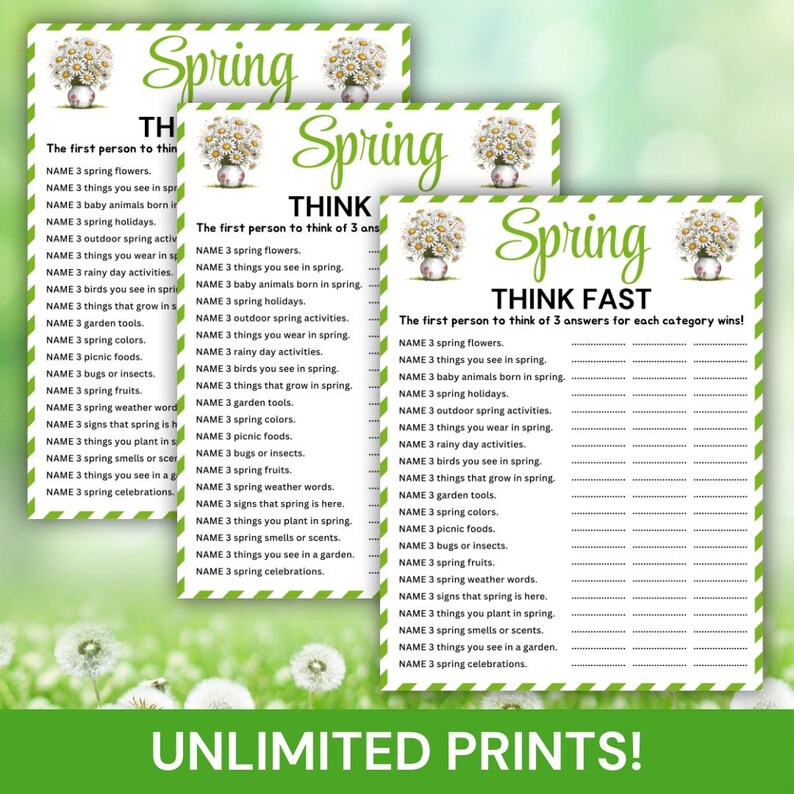 Spring Think Fast Game Printable, Spring Party Game, Fun Spring Trivia ...