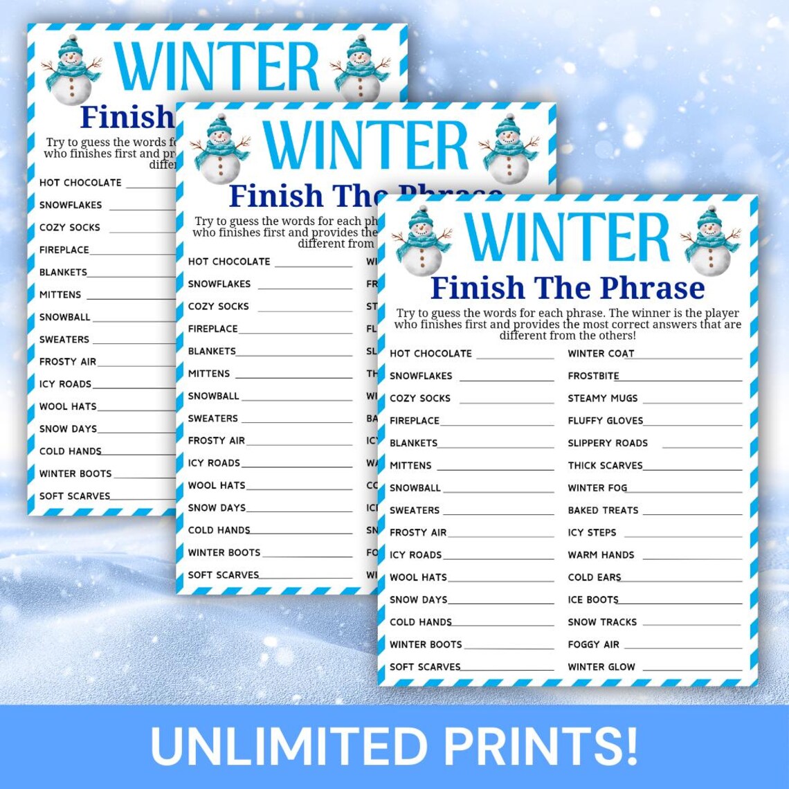 Winter Finish the Phrase Game, Winter Party Game, Fun Winter Word Game ...