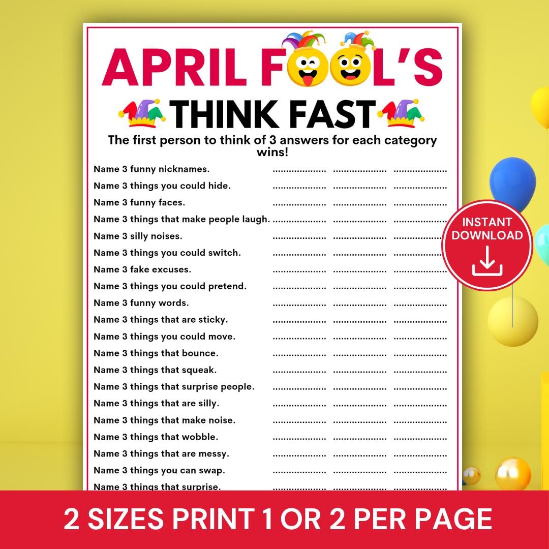 April Fools Think Fast Game, Funny Printable Party Game for Kids ...