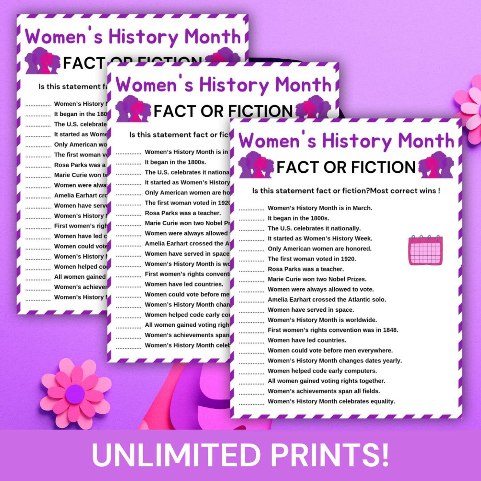 Women’s History Month Fact or Fiction Game, Printable Women’s Day Quiz ...
