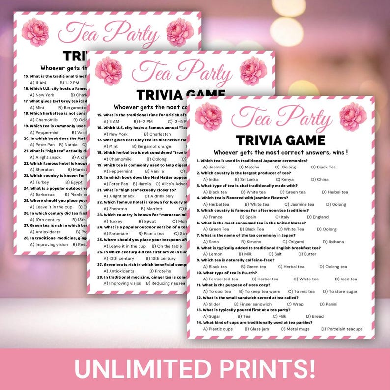 Tea Party Trivia Game, Tea Time Party Games for Adults & Kids, Garden ...