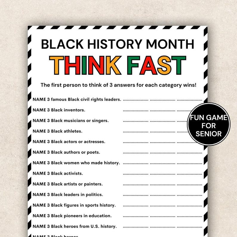 Black History Think Fast Printable Game, Black History Month Classroom ...
