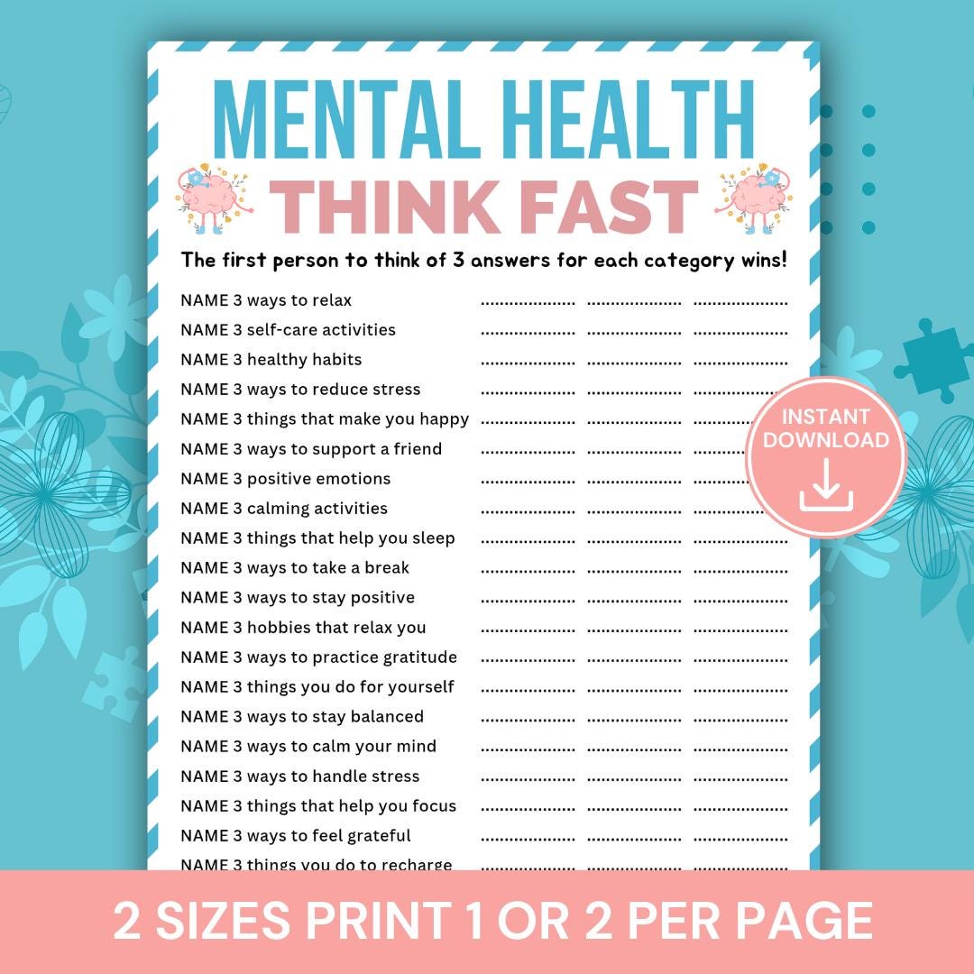 Mental Health Think Fast Game Printable, Wellness Group Activity ...