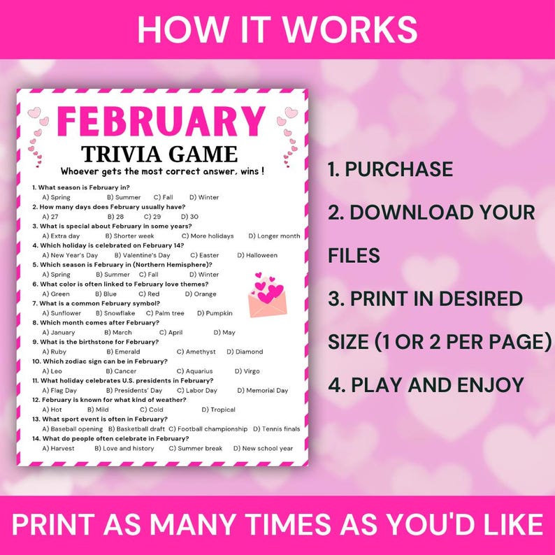 February Trivia Game, Printable Winter & Valentine Trivia Quiz, Fun ...