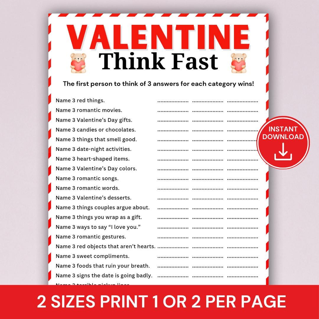 Valentine’s Day Think Fast Game, Valentine Party Game, Fast-paced Love ...