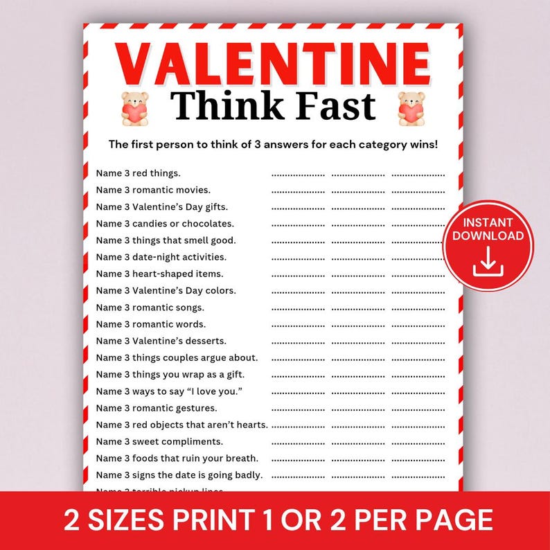 Valentine’s Day Think Fast Game, Valentine Party Game, Fast-paced Love ...