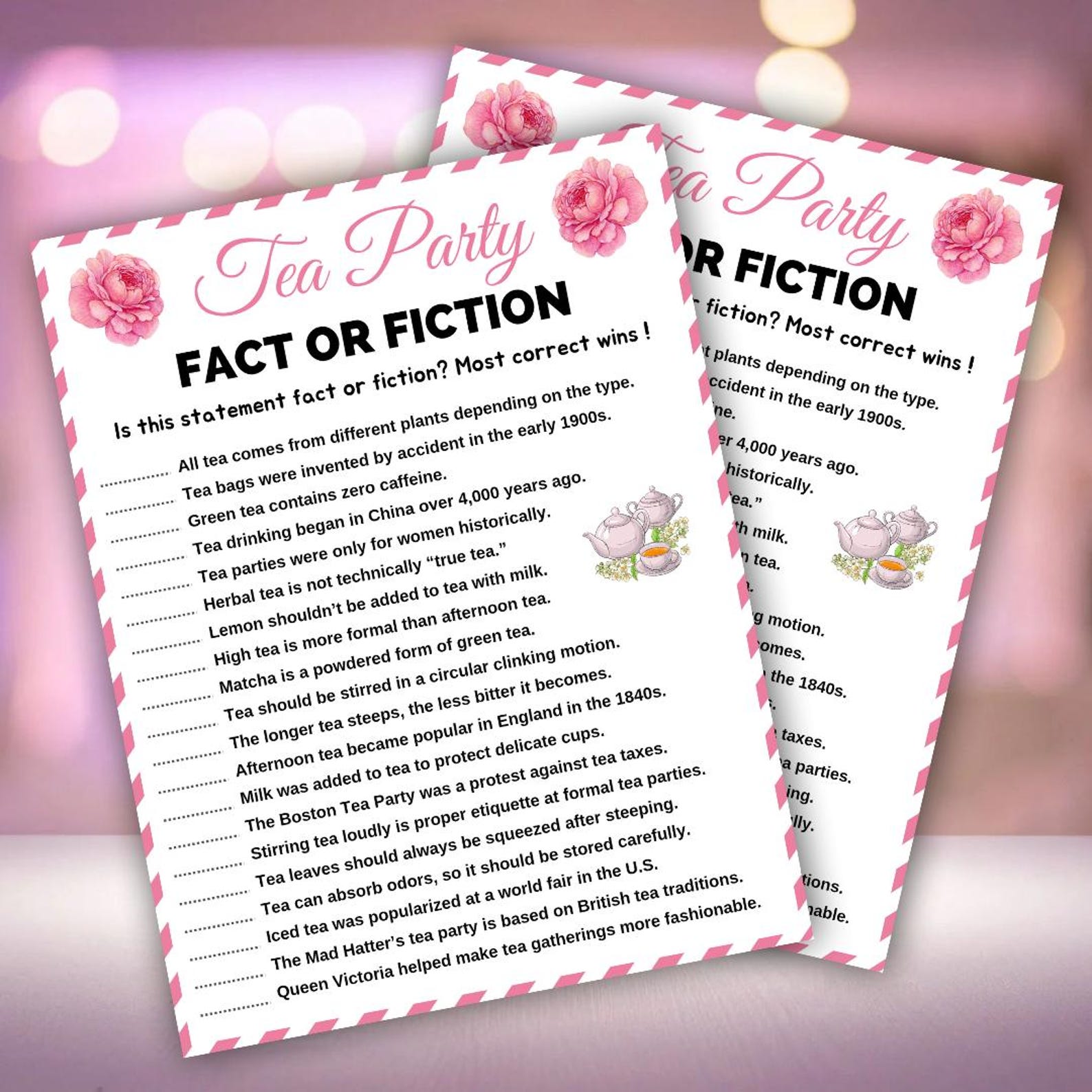 Tea Party Fact or Fiction Game, Tea Party True or False Quiz, Ladies ...