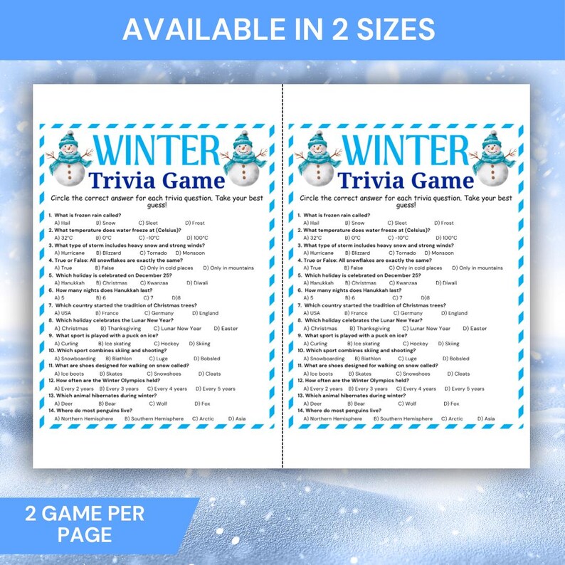 Winter Trivia Game, Winter Party Game, Cold Weather Trivia Quiz, Family ...