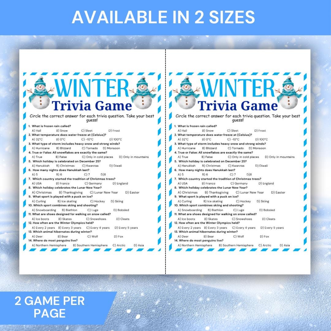 Winter Trivia Game, Winter Party Game, Cold Weather Trivia Quiz, Family ...