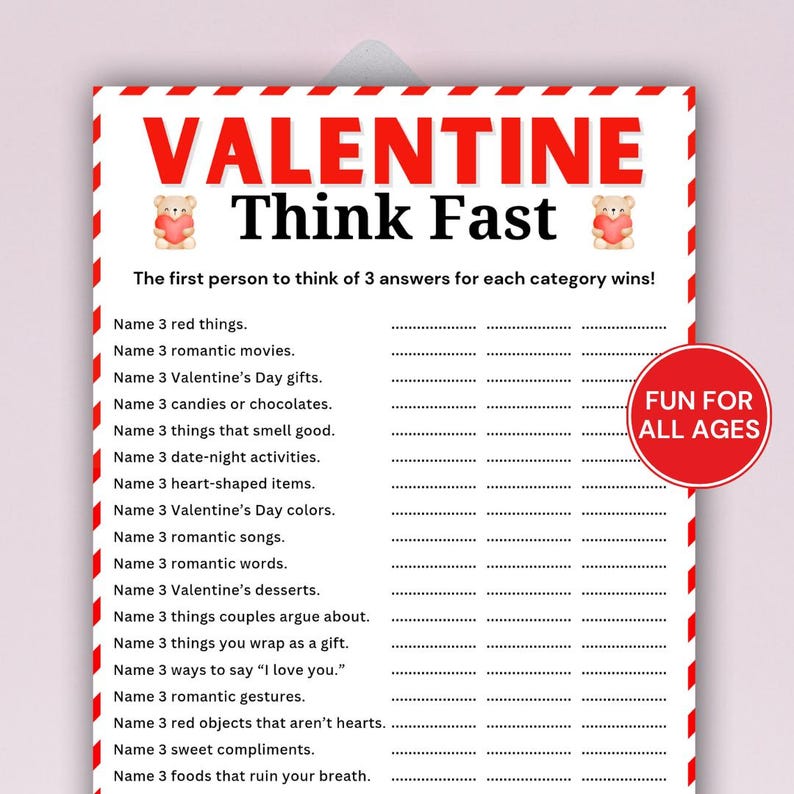 Valentine’s Day Think Fast Game, Valentine Party Game, Fast-paced Love ...