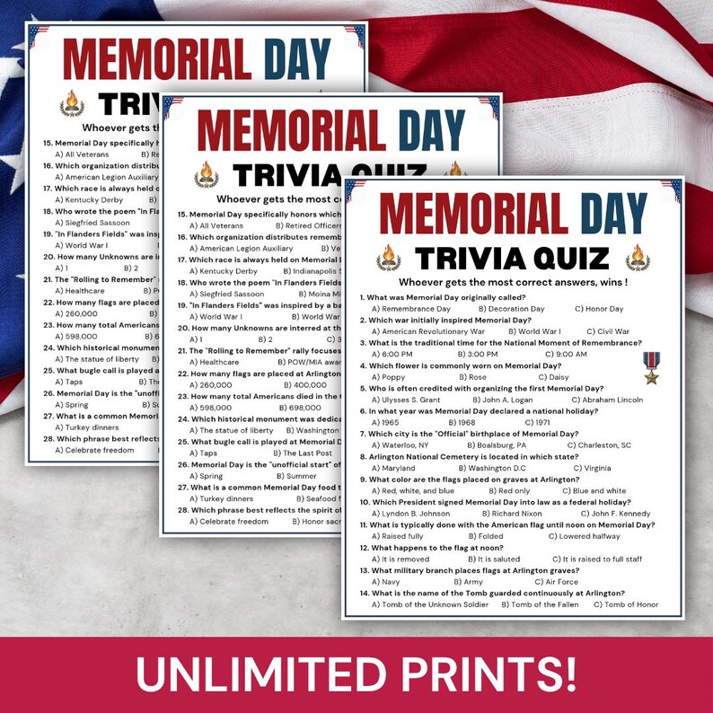 Memorial Day Trivia Game Printable, Patriotic Quiz Game, Memorial Day ...
