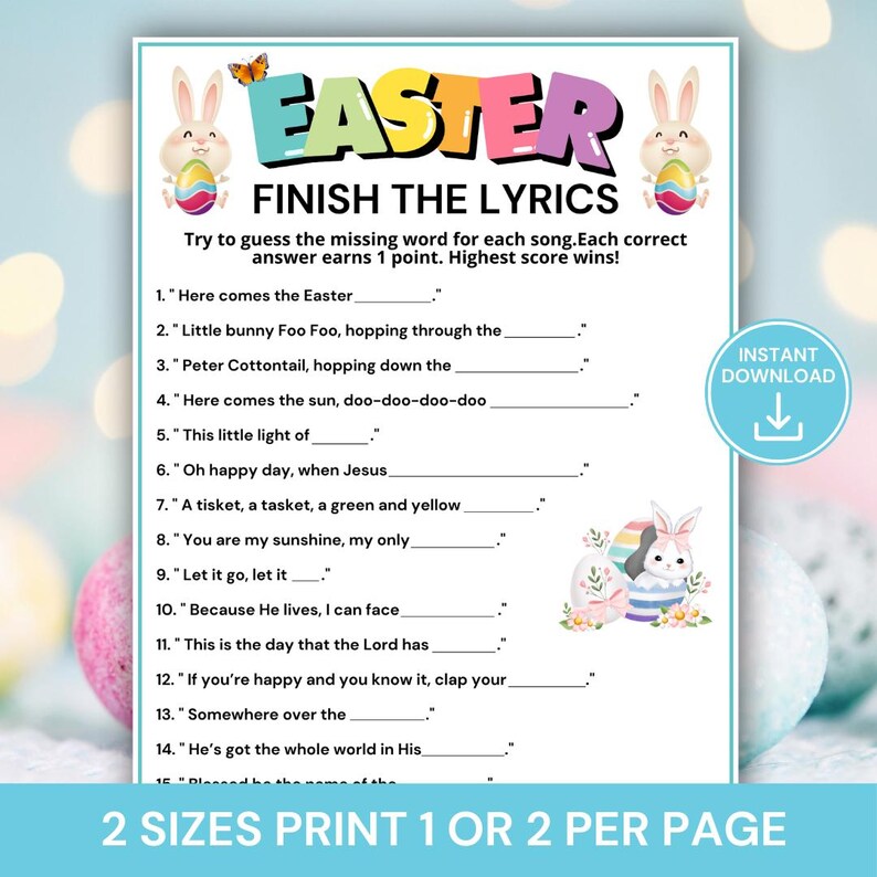 Easter Finish the Lyrics Game, Easter Party Game for Kids & Adults ...