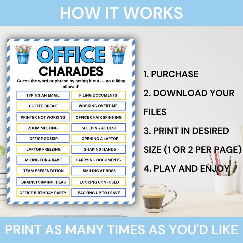 Office Charades Game Printable, Workplace Party Game, Team Building ...