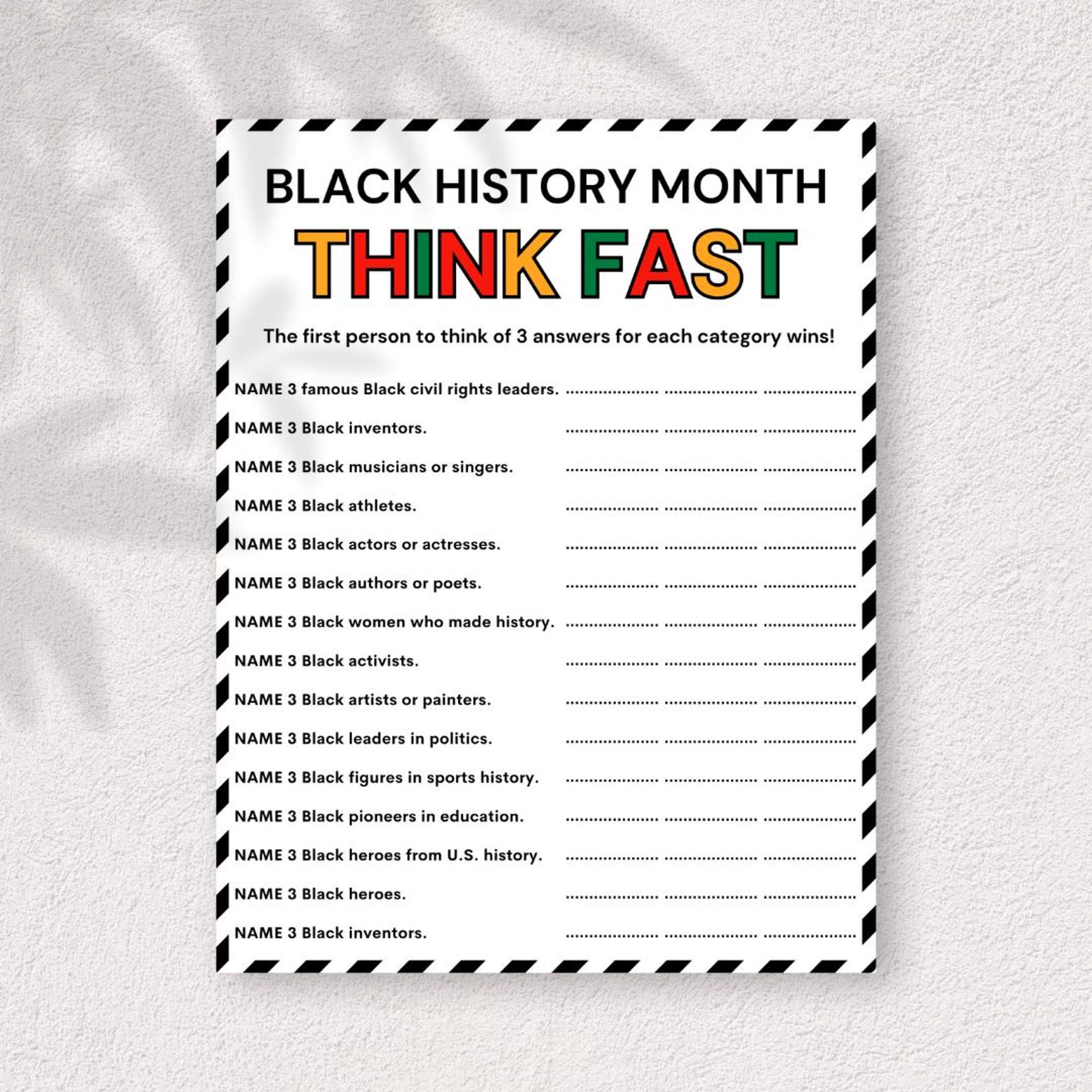 Black History Think Fast Printable Game, Black History Month Classroom ...