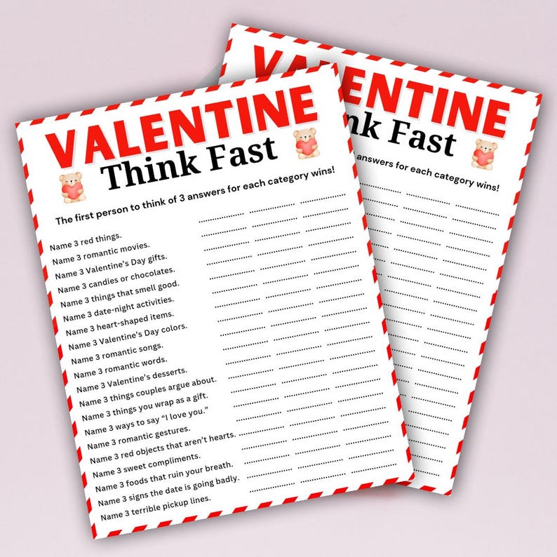 Valentine’s Day Think Fast Game, Valentine Party Game, Fast-paced Love ...