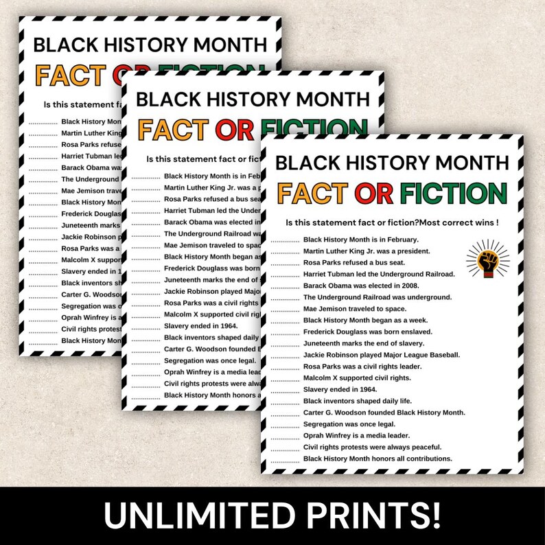 Black History Fact or Fiction Printable Game, Black History Month ...