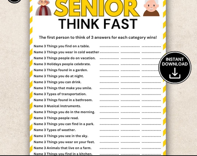 Senior Think Fast Game, Easy Word Game for Seniors, Quick Thinking ...