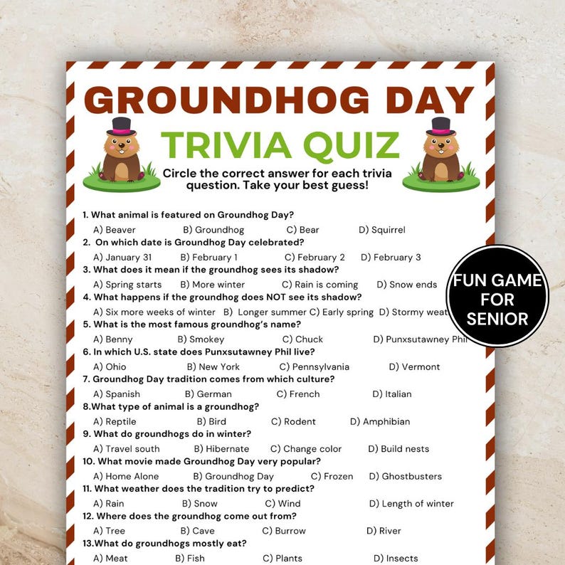 Groundhog Day Trivia Game, Printable Holiday Activity, Family ...