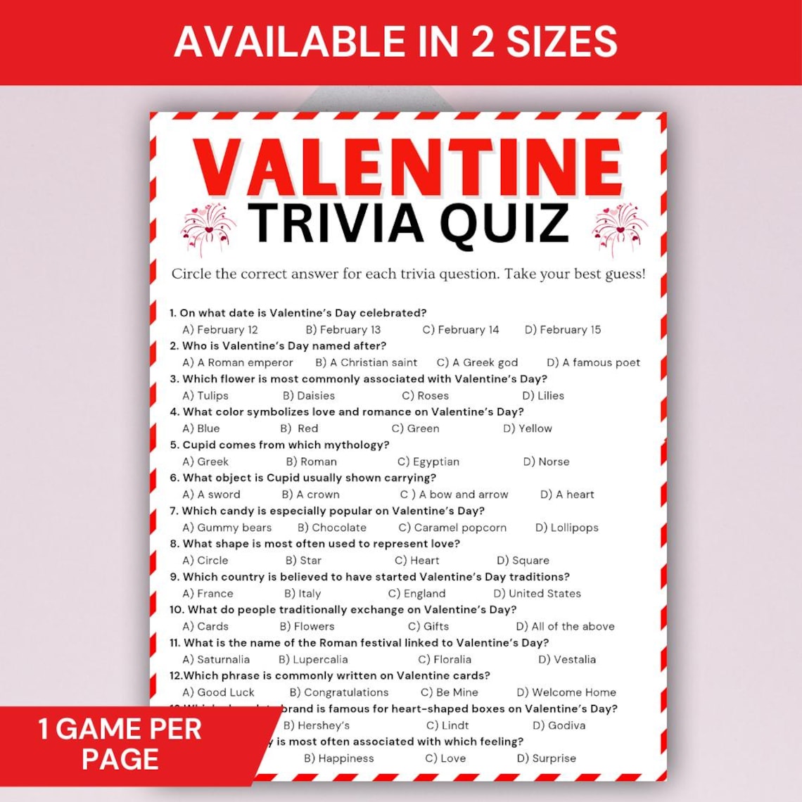 Valentine’s Day Trivia Game, Valentine Party Game, Love Trivia Quiz ...