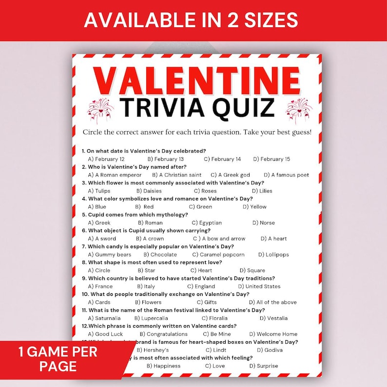 Valentine’s Day Trivia Game, Valentine Party Game, Love Trivia Quiz ...