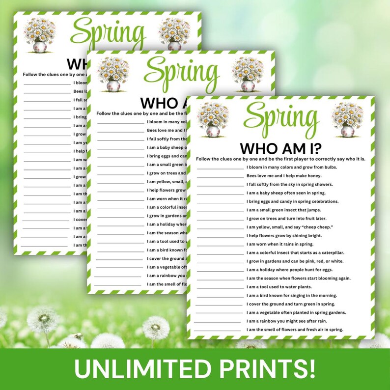 Spring Who Am I Game Printable, Spring Party Guessing Game, Spring ...