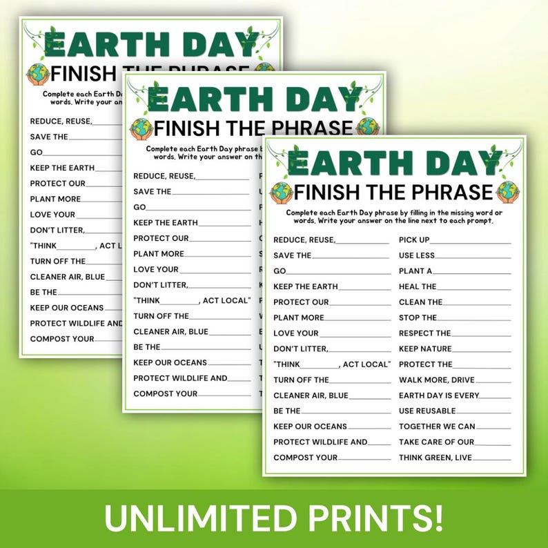 Earth Day Finish the Phrase Game, Earth Day Activity for Kids Adults ...