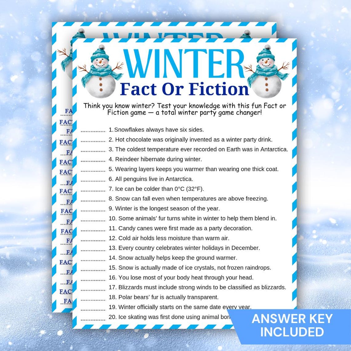 Winter Fact or Fiction Game, Winter Party Game, True or False Winter ...