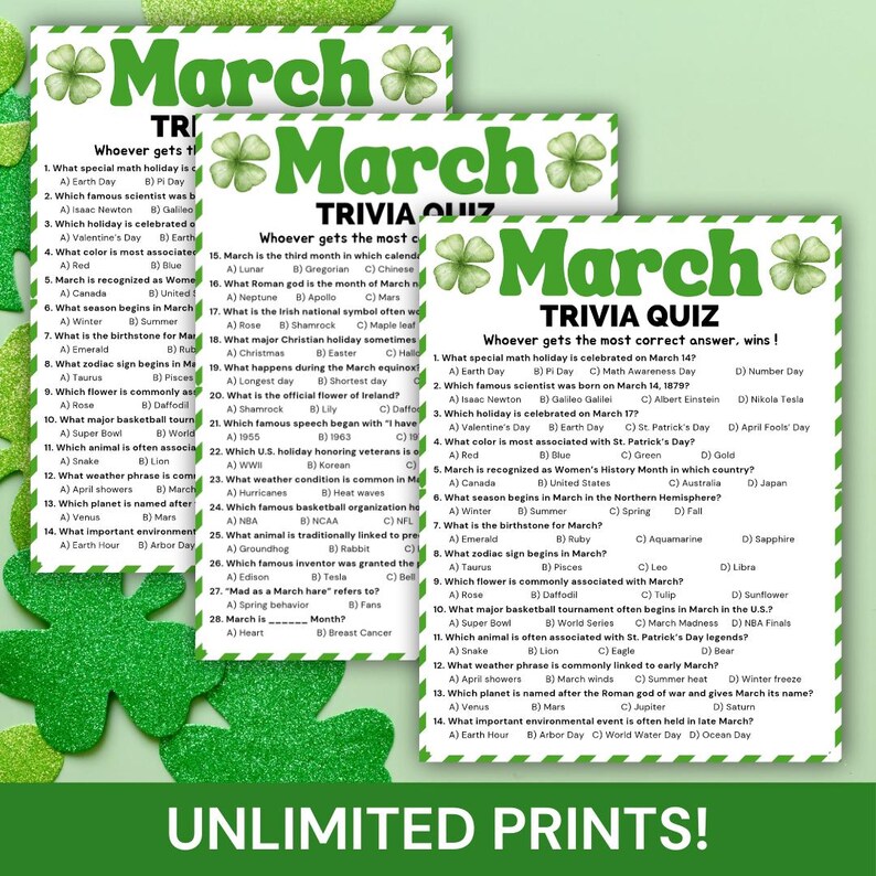 March Trivia Game, St Patricks Day Trivia Quiz, Spring Party Game ...