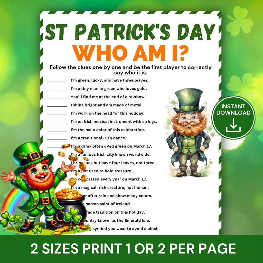St. Patrick’s Day Who Am I Game, Printable Irish Guessing Game, Fun St ...