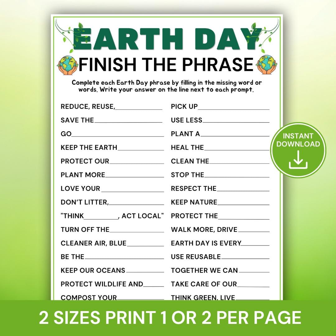 Earth Day Finish the Phrase Game, Earth Day Activity for Kids Adults ...