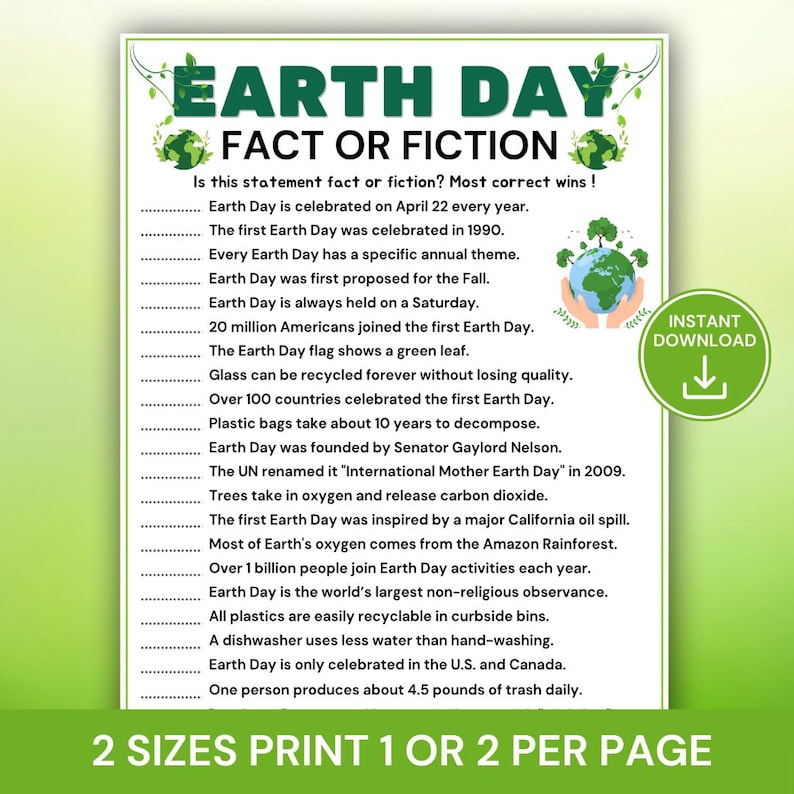 Earth Day Fact or Fiction Game, Earth Day True or False Quiz ...