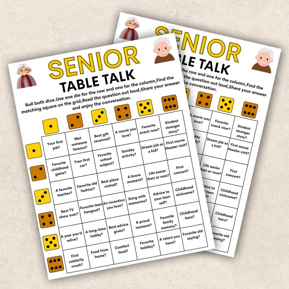 Senior Table Talk Dice Game, Printable Conversation Game for Seniors ...