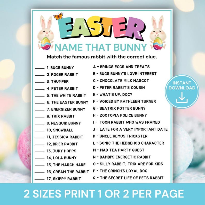 Easter Name That Bunny Game Printable, Fun Easter Matching Game for ...