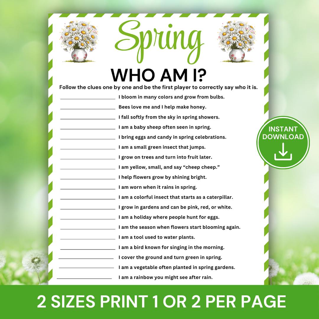 Spring Who Am I Game Printable, Spring Party Guessing Game, Spring ...