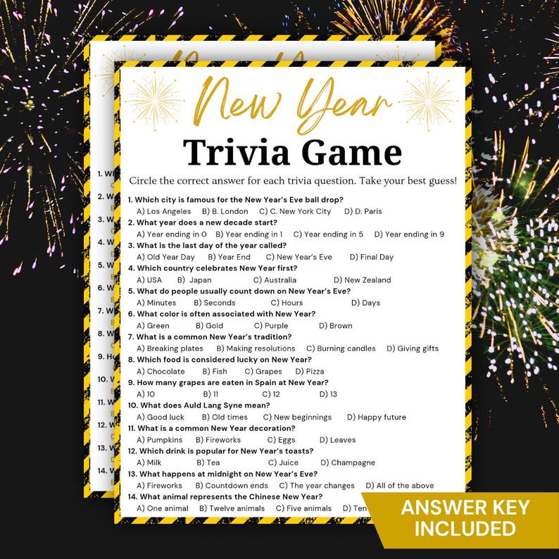 New Year Trivia Game, New Year’s Eve Party Game, Holiday Trivia Quiz ...