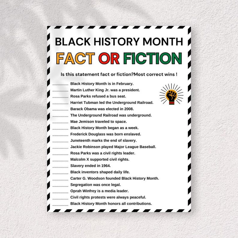 Black History Fact or Fiction Printable Game, Black History Month ...