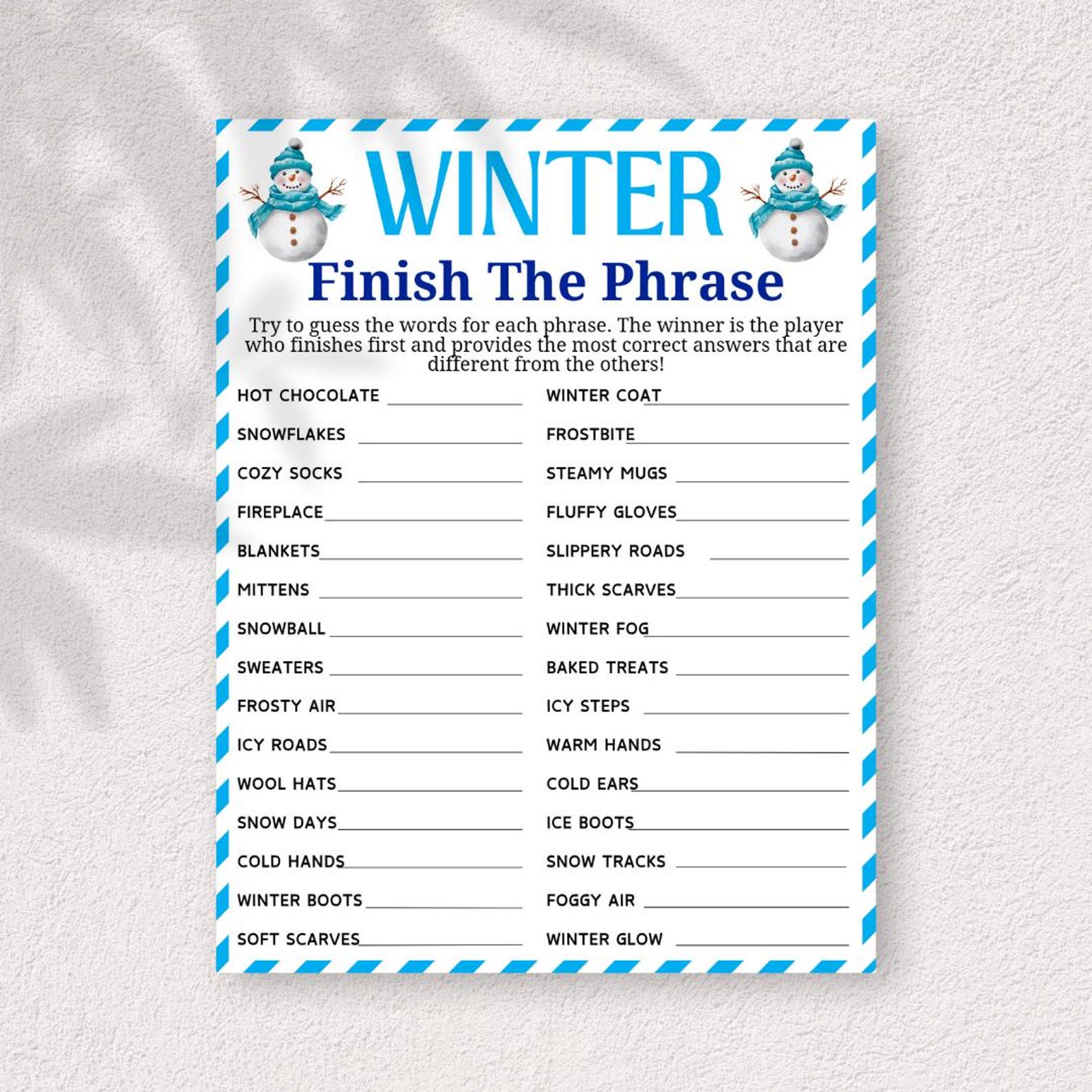 Winter Finish the Phrase Game, Winter Party Game, Fun Winter Word Game ...