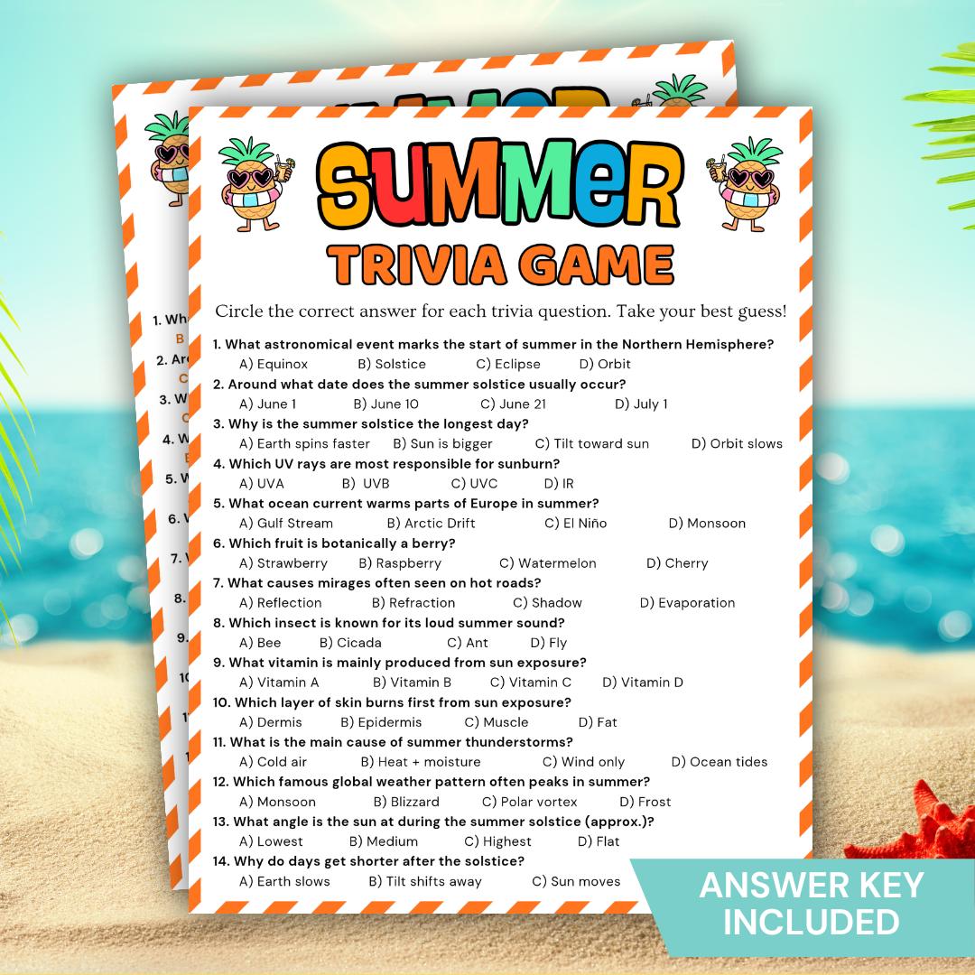 Summer Trivia Game, Summer Trivia Quiz, Summer Party Game, Summer ...