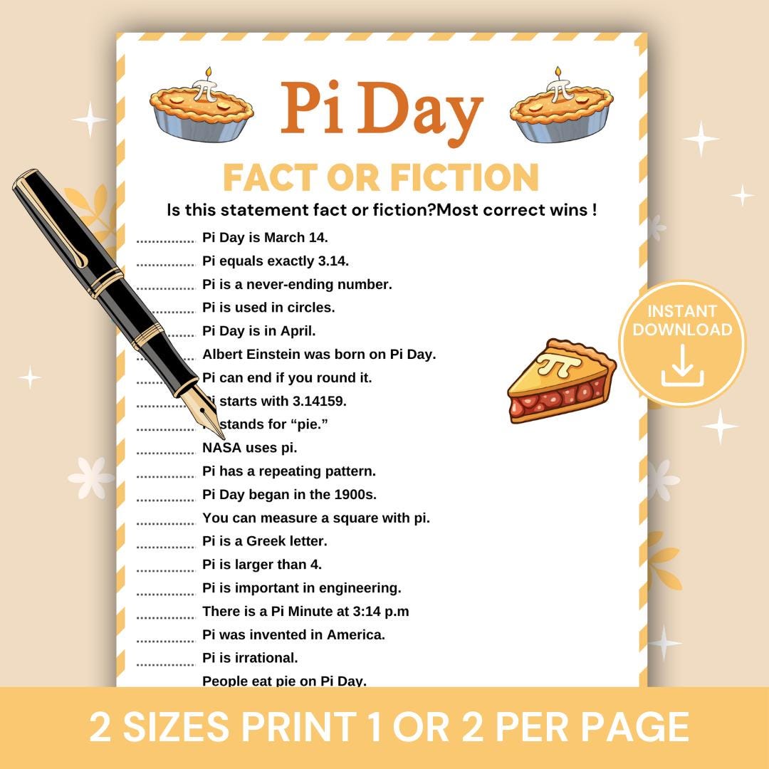 Pi Day Fact or Fiction Game Printable, Math Pi Day Activity, March 14 ...