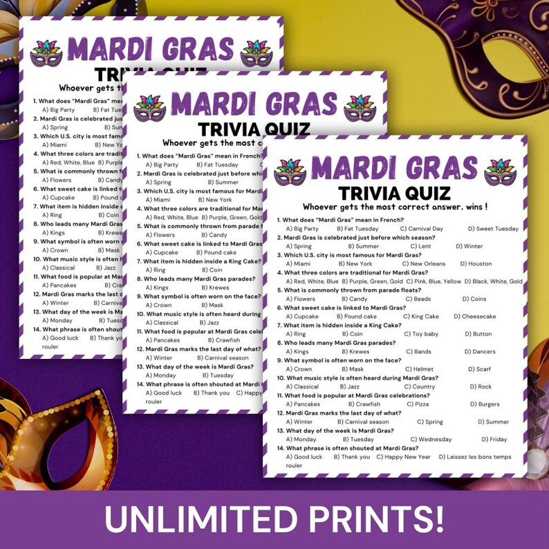 Mardi Gras Trivia Game, Printable Fat Tuesday Quiz, Fun Group Mardi ...