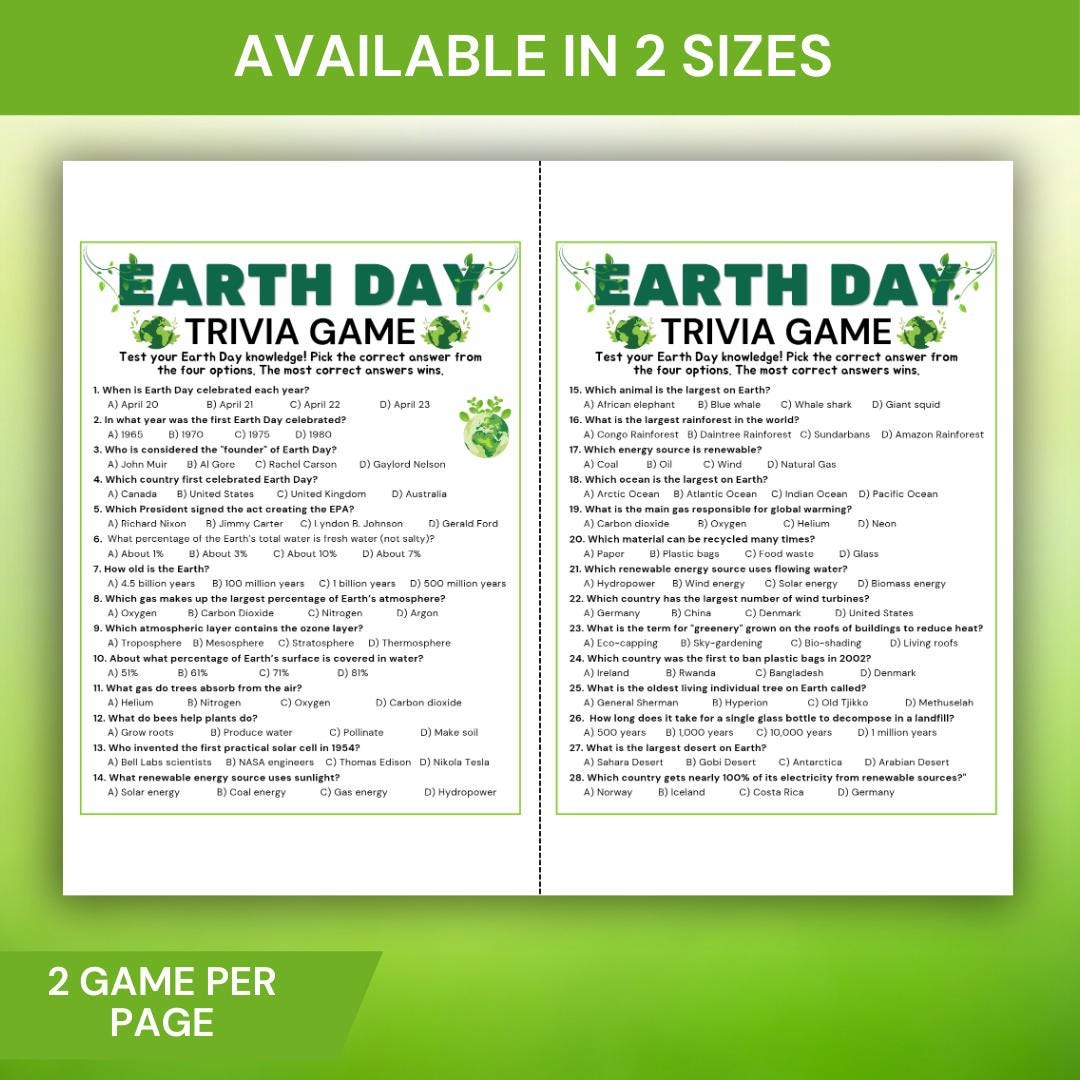 Earth Day Trivia Game Printable, Earth Day Quiz Game, Environmental ...